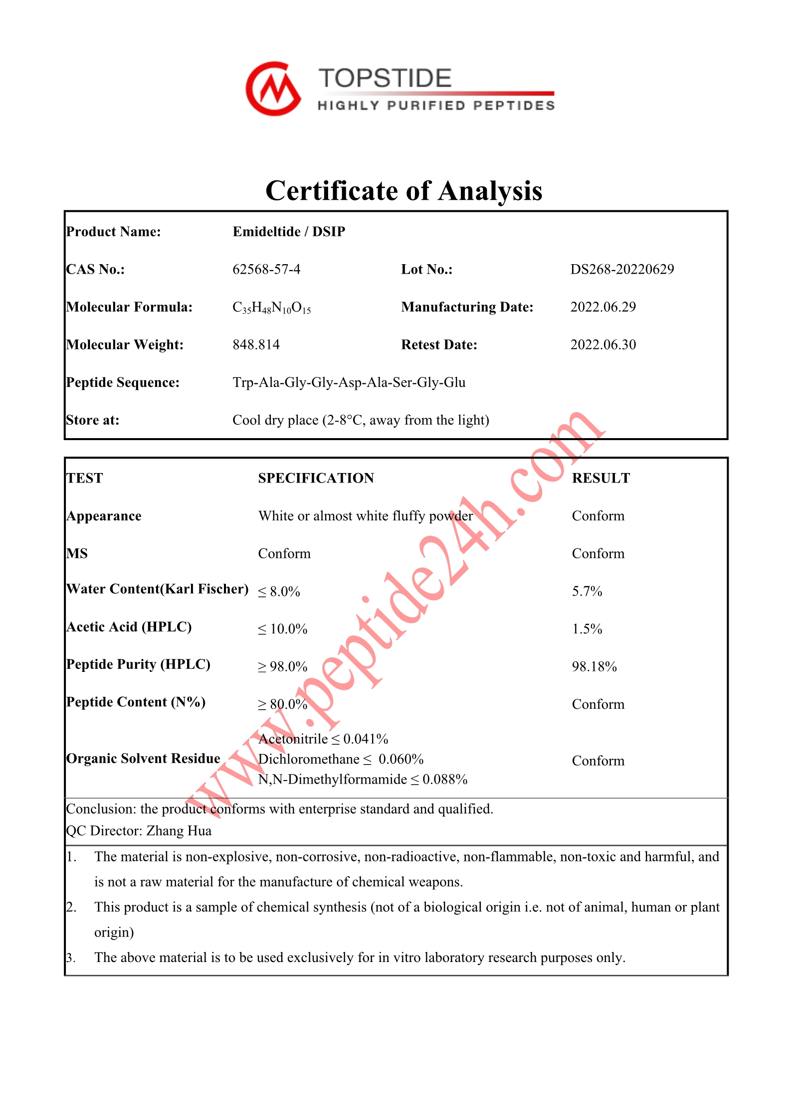 CAS 62568-57-4 99% pure Delta Sleep Inducing Peptide DSIP 10mg